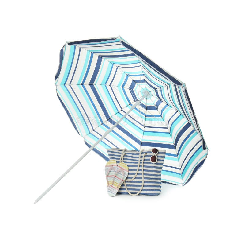 Open Blue Striped Beach Umbrella and Accessories on White Background ...