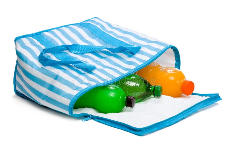 Open Blue Striped Cooler Bag with Three Cool Refreshing Drinks Stock ...