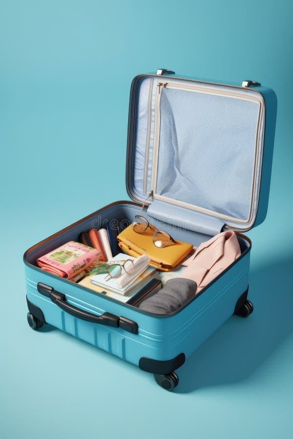 Open Blue Suitcase Packed with Accessories, Blue Background, Created ...