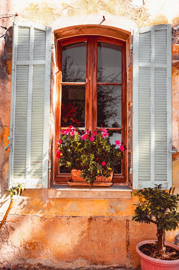 Open, Blue, Wood, Window Shutters with Flowered , Plants on Sill Stock ...