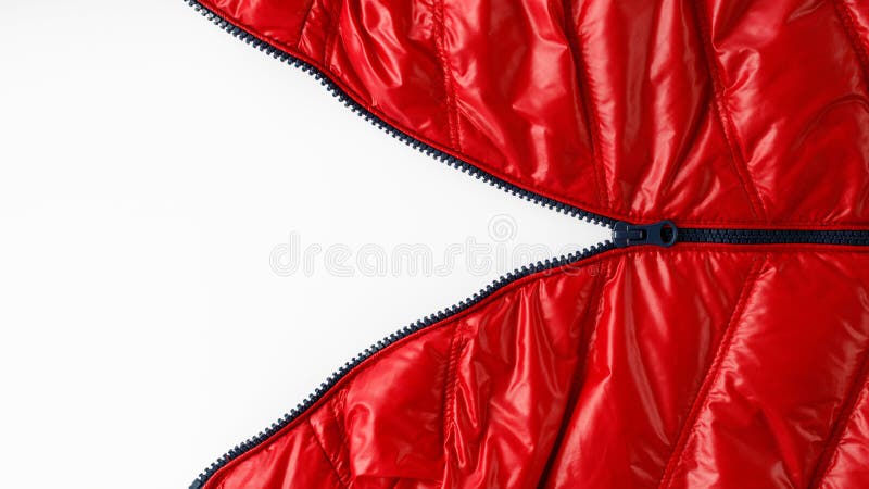 Open Blue Zipper on Red Winter Down Jacket on Light Background Stock ...