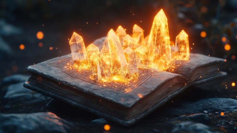 Open Book Adorned with Glowing Orange Crystal Cluster on a Rocky ...