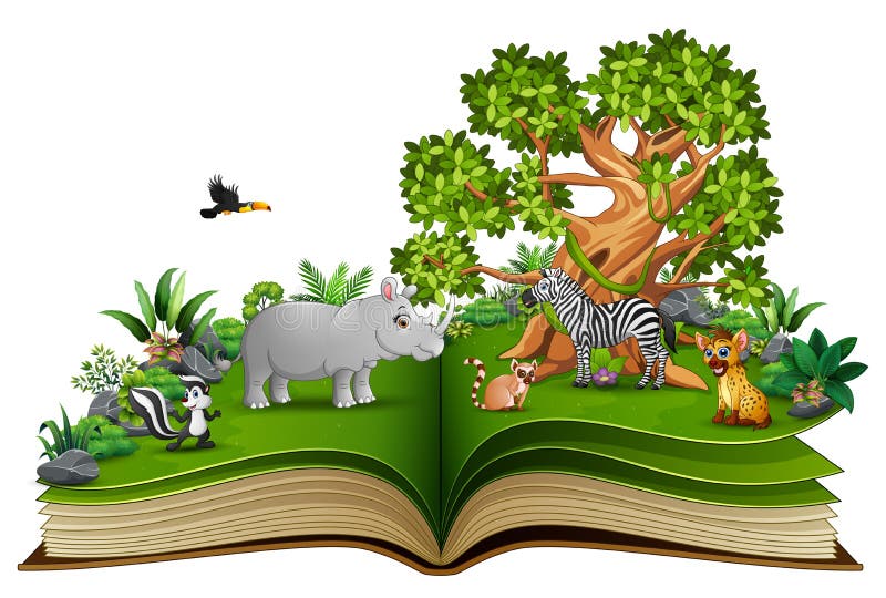 Open Book with Animal Cartoon Playing in the Park Under a Big TreeOpen ...