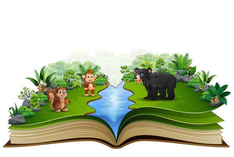 Open Book with the Animal Cartoon Playing in the River Stock Vector ...
