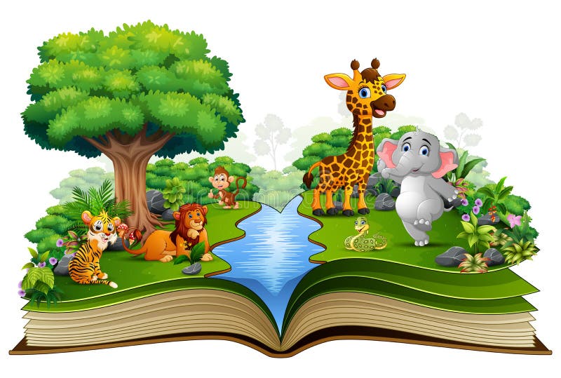 Open Book with the Animal Cartoon Playing in the River Stock Vector ...