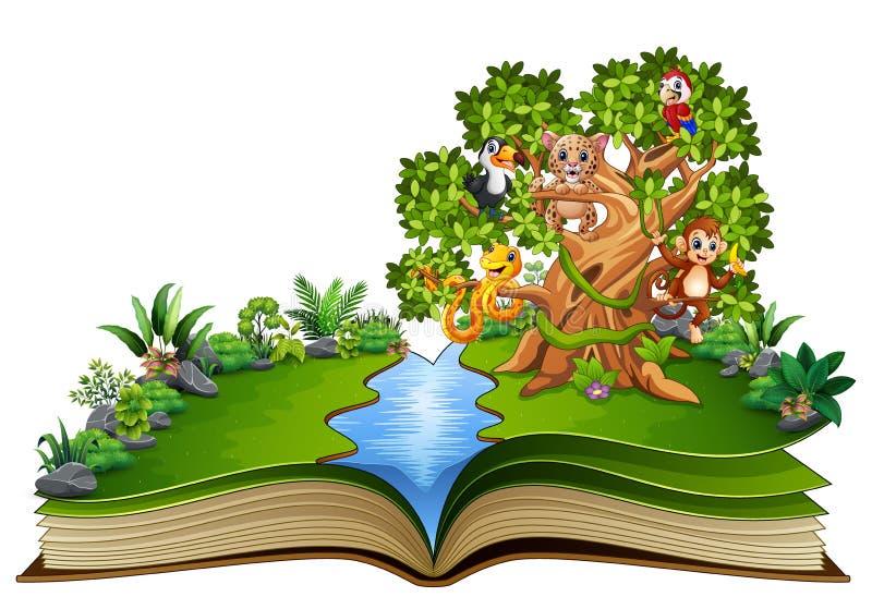 Open Book with Animals Cartoon on the Trees Stock Vector - Illustration ...