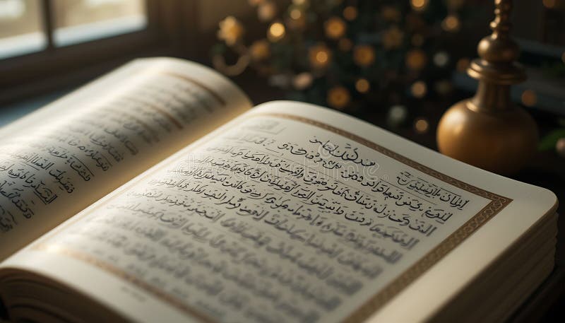 An Open Book with Arabic Text Displayed on Its Pages with a Blurred ...