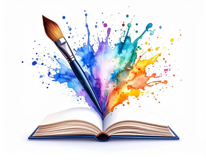 Open Book with Artistic Watercolor Splashes and Brush on White ...