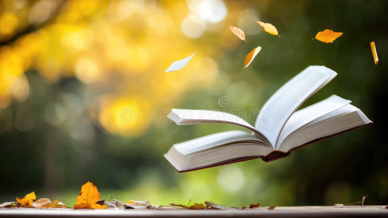 Open Book with Autumn Leaves Falling in Sunlit Forest Setting Stock ...