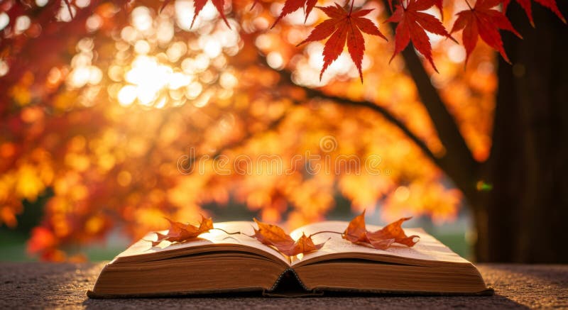 Open Book with Autumn Leaves and Sunlight Stock Illustration ...
