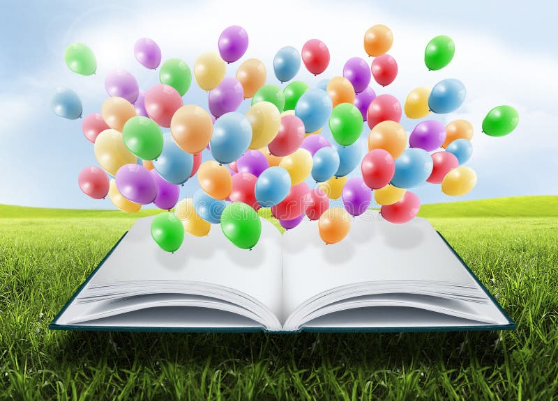 Open book with balloons stock illustration. Illustration of happy ...