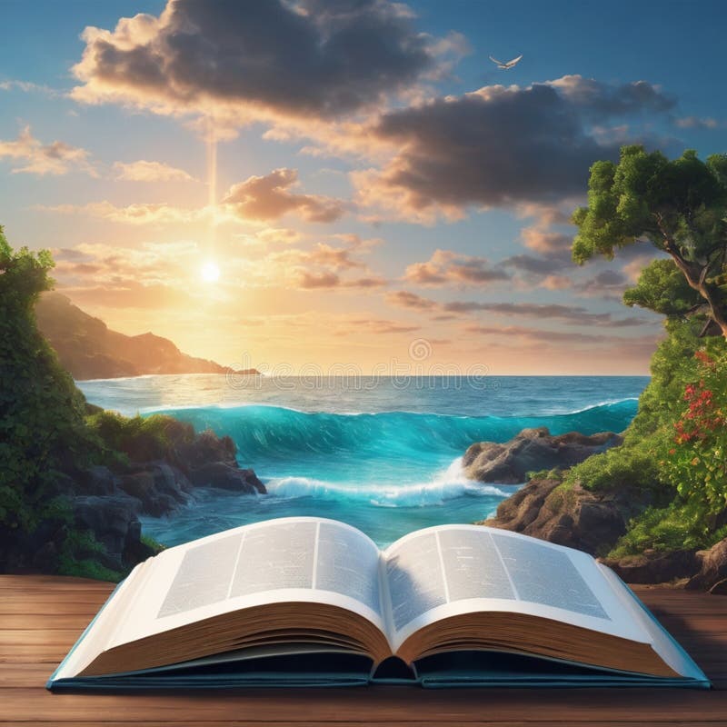 Open Book on the Beach at Sunset. Stock Illustration - Illustration of ...