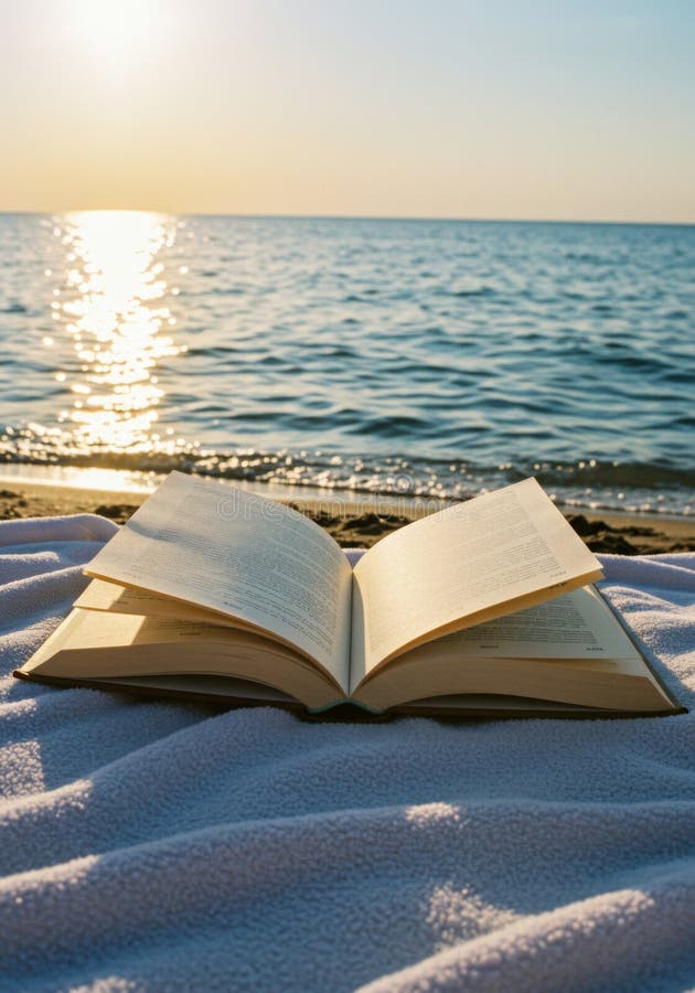 Open Book on Beach Towel at Sunset Stock Illustration - Illustration of ...