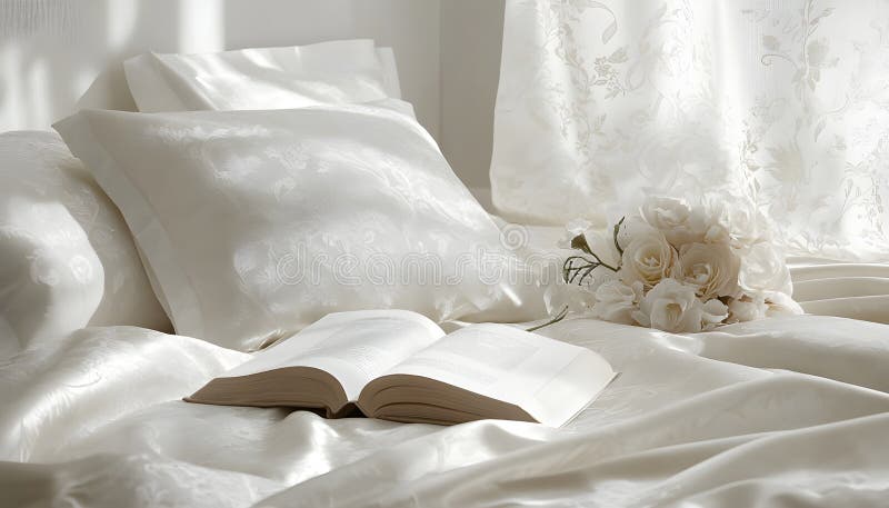 Open Book on Bed with Beautiful Silk Linens Stock Image - Image of ...