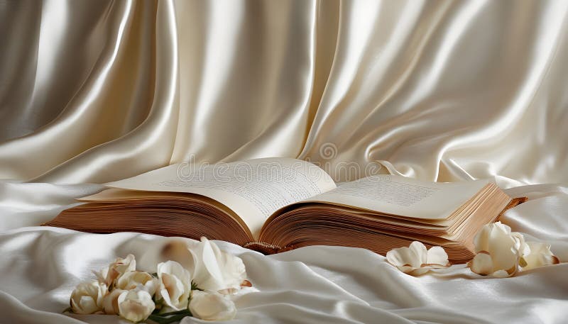 Open Book on Bed with Beautiful Silk Linens Stock Photo - Image of warm ...