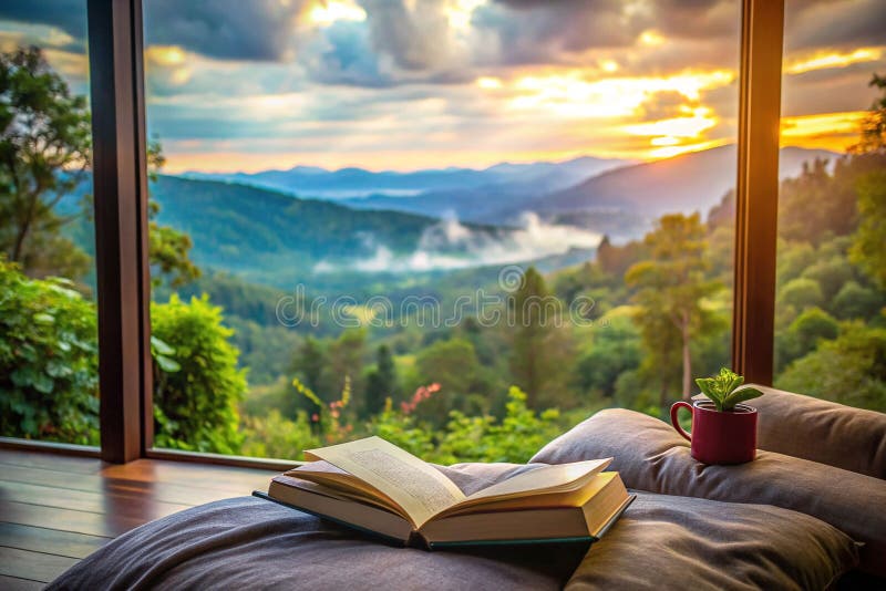 Open Book on Bed, Scenic Sunset View Stock Illustration - Illustration ...