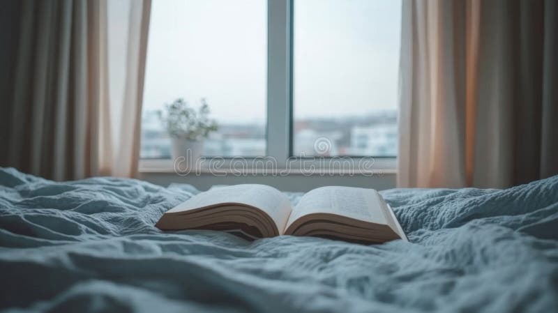 Open Book on a Bed by Window Stock Illustration - Illustration of ...