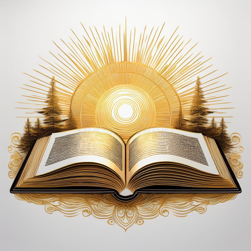 Open Book Below Radiating Sun Drawing Stock Illustration - Illustration ...