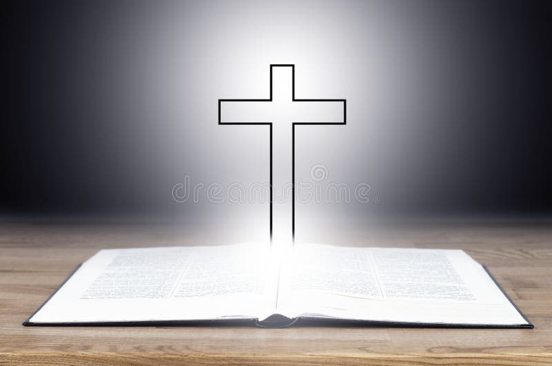 Open Book Bible. Light from the Book. Cross of Jesus. Stock Photo ...