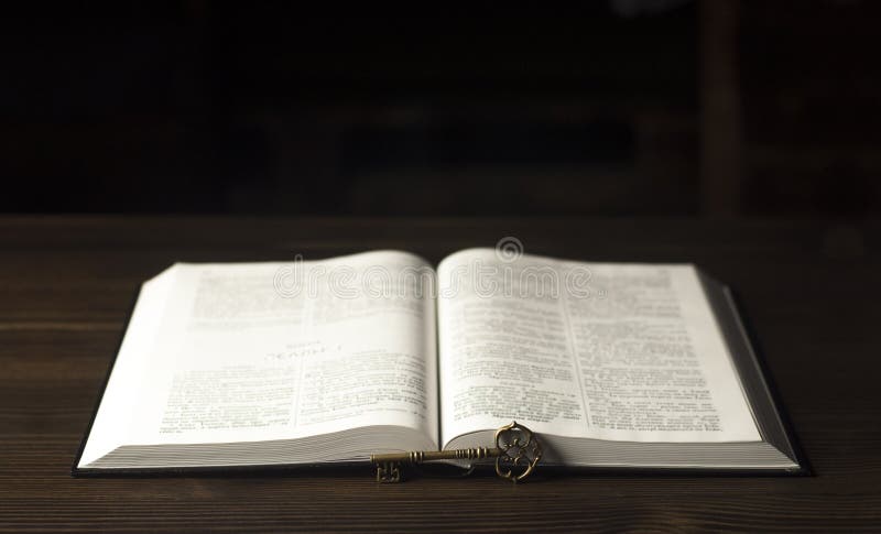 Open Book Bible. Old Antique Key. on a Wooden Table. Stock Photo ...