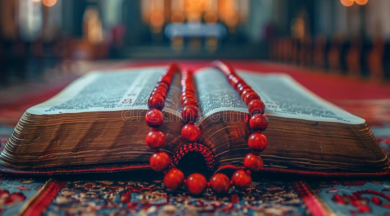Open Bible with Red Rosary Beads, Church Setting Stock Illustration ...