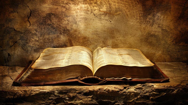 An Open Book Bible Resting on a Table Against an Abstract Background ...