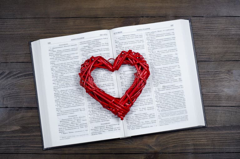 Open Book, Bible. on the Table. Red Heart. the Concept of Love for God ...