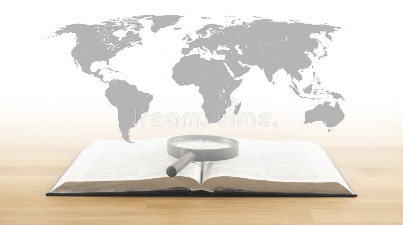 Open Book Bible. World Map and Magnifying Glass. on a Wooden Table ...