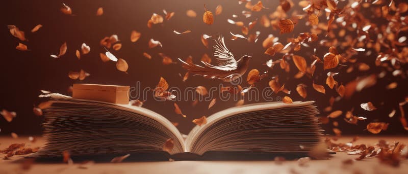 Bird Flying from Open Book Surrounded by Falling Leaves Stock Image ...