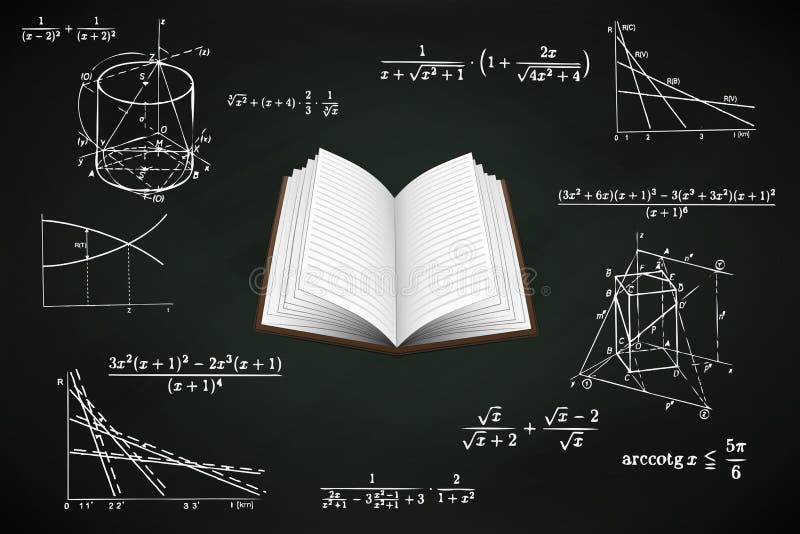 Open Book on Blackboard with Math Calculations Stock Illustration ...