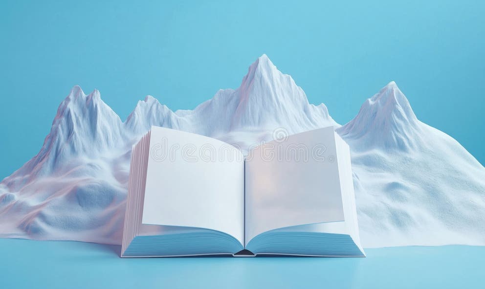 Open Book with Blank Pages in Front of Stylized Snow-capped Mountains ...