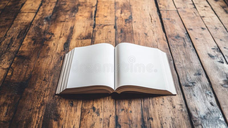 Open Book with Blank Pages on Rustic Wooden Surface Stock Illustration ...