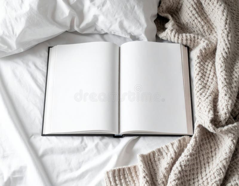 Open Book with Blank Pages on White Bed Linen with Beige Knit Throw ...