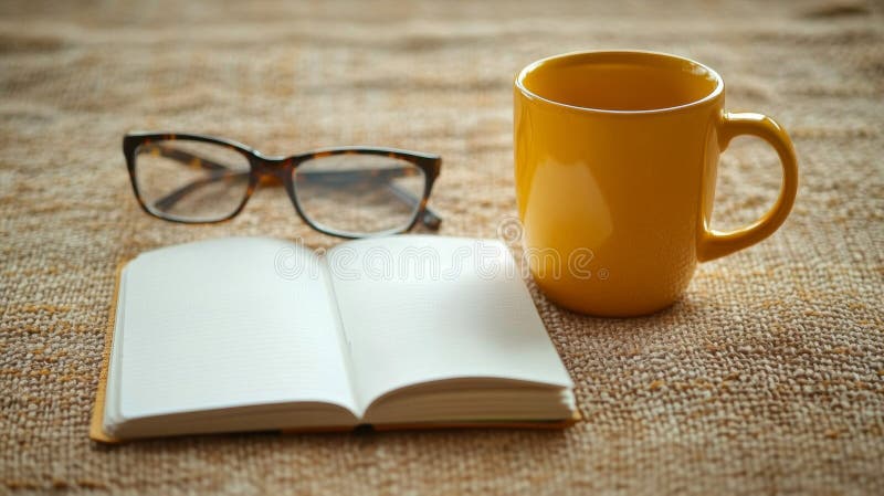 Open Book with Blank Pages Yellow Mug and Glasses on Brown Textured ...