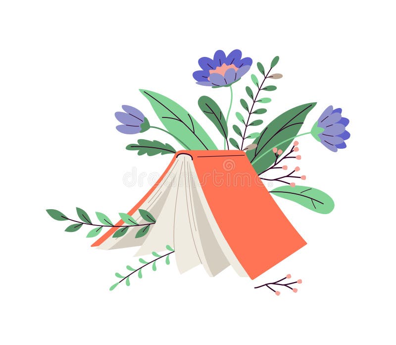 Open Book with Blooming Wild Flower Sand Leaves 2D Objects Stock Vector ...