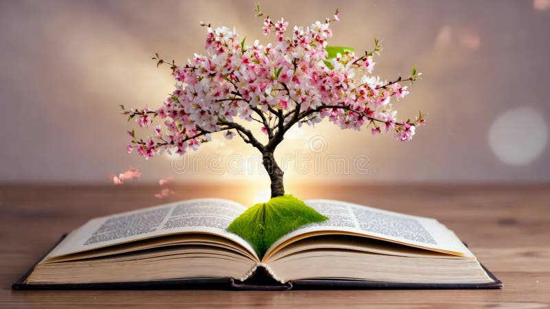 An Open Book with a Blossoming Cherry Tree Growing from Its Pages ...