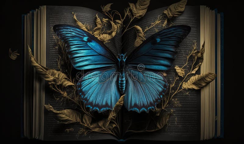 An Open Book. a Blue Butterfly Sitting on Top of an Open Book Stock ...