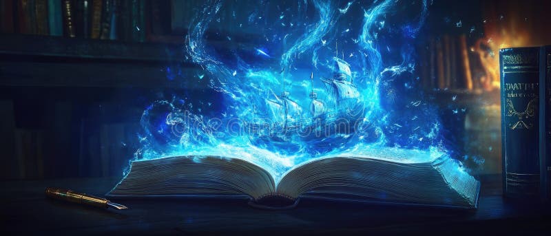 An OPEN BOOK with BLUE FLAMES EMANATING from ITS PAGES, CREATING a ...