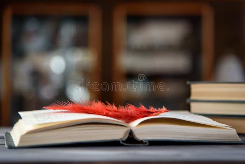 Open Book with a Bookmark on a Wooden Table. Stock Photo - Image of ...