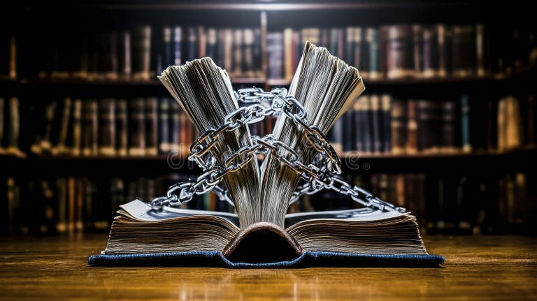 Open Book Bound by Chains in a Dimly Lit Library Stock Illustration ...