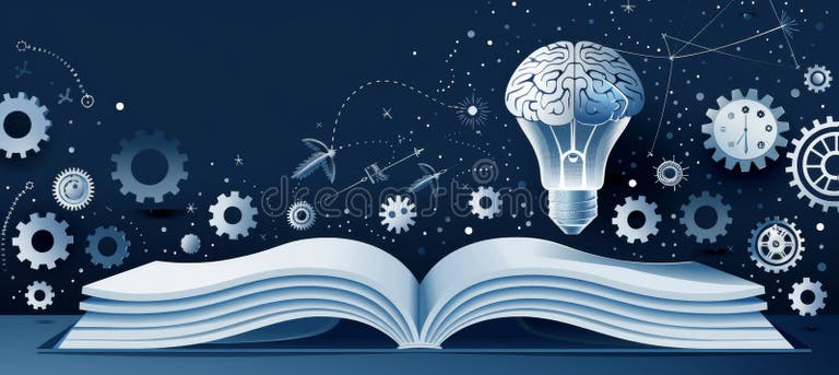 Open Book, Brain Lightbulb, Gears, and Pen Nibs Concept of Knowledge ...