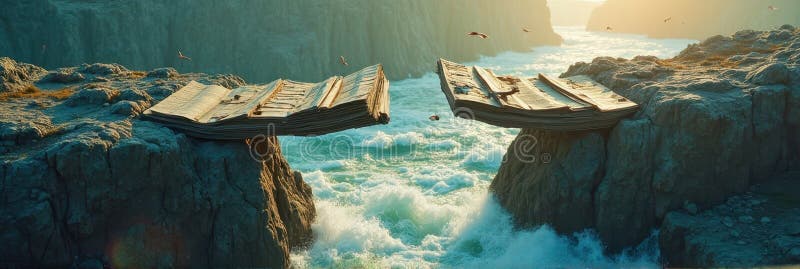 Open Book Bridge Over Rugged Gorge with Ocean Waves and Seagulls at ...