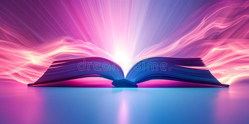 An Open Book with Bright Neon Rays Emanating from the Center of the ...