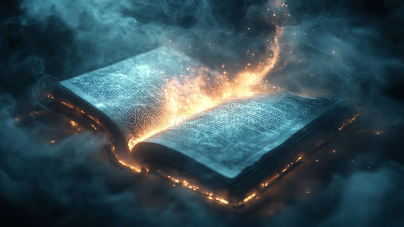 An Open Book Burning and Emitting Light and Smoke Stock Illustration ...