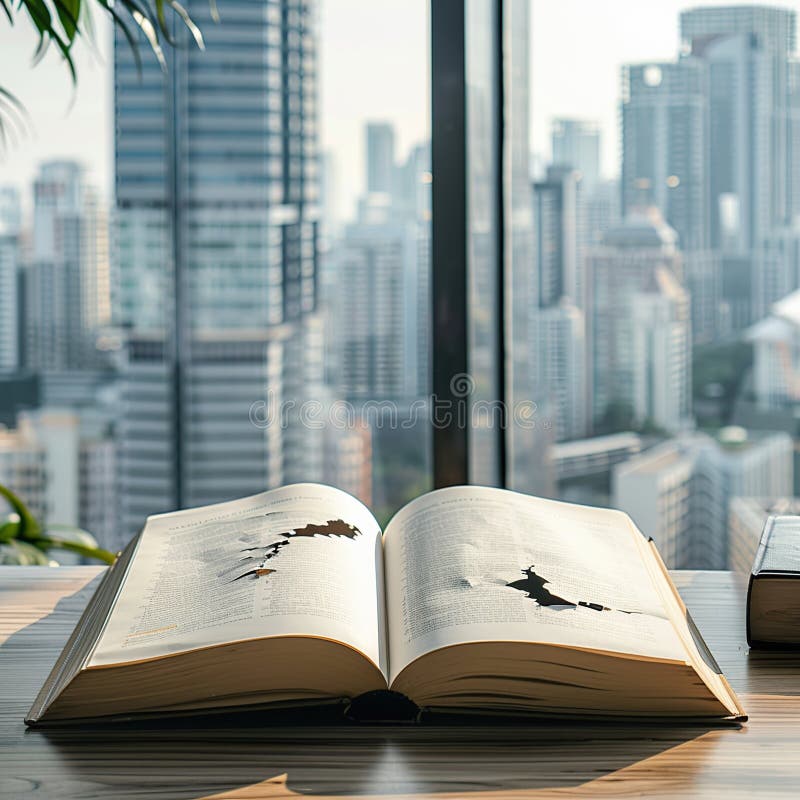 Open Book with Burnt Pages on a Table, City View Stock Photo - Image of ...