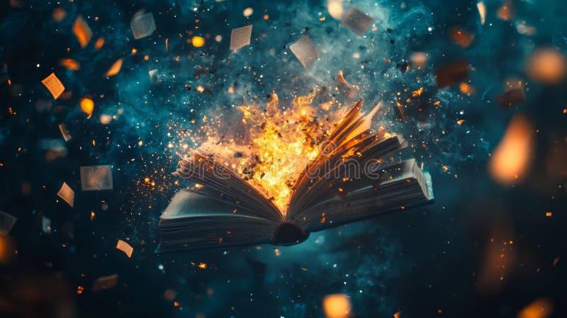 Open Book Bursting into Flames with Flying Pages Stock Image - Image of ...