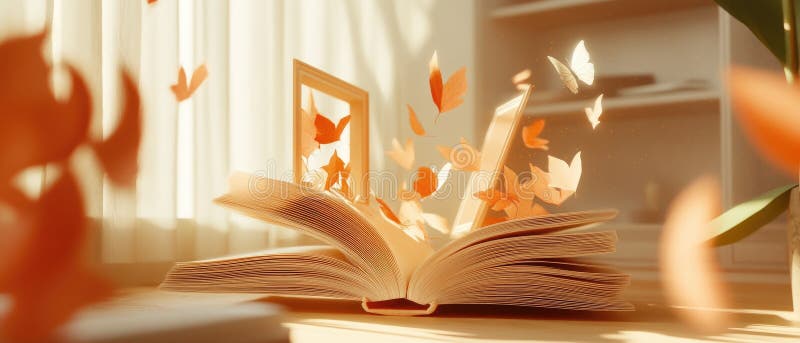 "OPEN BOOK with BUTTERFLIES FLYING OUT on WOODEN TABLE" Stock ...