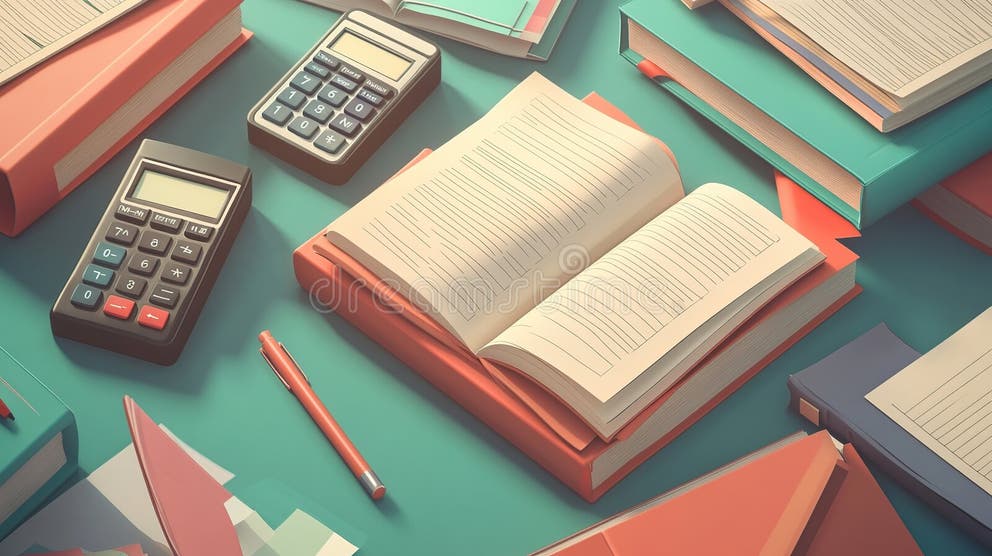Open Book, Calculators, and Books on Teal Surface Stock Photo - Image ...