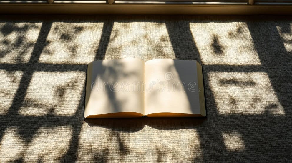 Open Book on Carpet with Sunlight and Shadow from Window Above Still ...