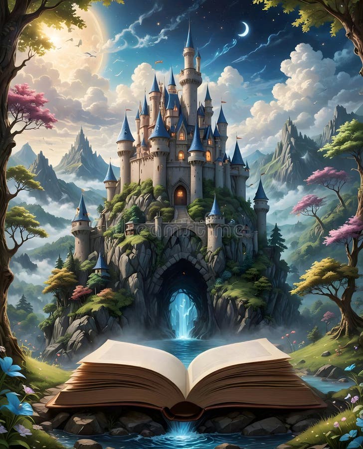 An Open Book with a Castle on Top of it in the Middle of a Field. Stock ...